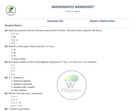 50 Interactive Algebra Questions For Class 6 With Solutions
