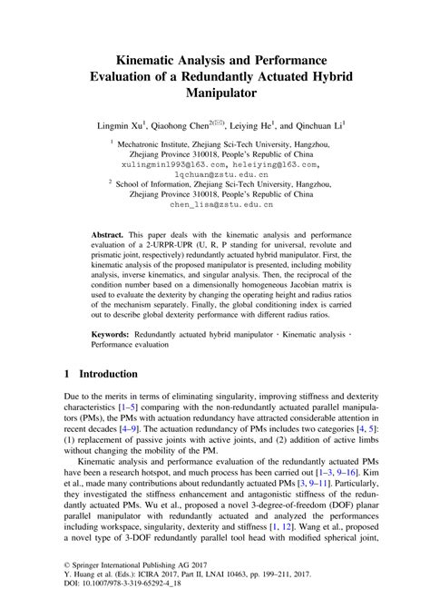 Pdf Kinematic Analysis And Performance Evaluation Of A Redundantly Actuated Hybrid Manipulator