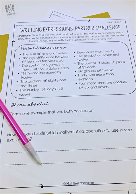 Free Writing Expressions Activity Partner Challenge Grades 5 7 Math Geek Mama