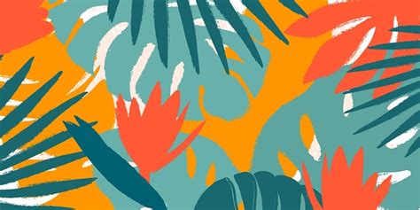 여름 열대 배경 와 추상 손 그려진 나뭇잎 와 꽃 그런 지 질감의 야자 잎 몬스테라 Strelizia의 꽃 거친 가장자리 벽지 배경막 표지 배너 디자인 극락조화에 대한 스톡