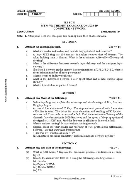 btech cs 6 sem computer network rcs601 2019 pdf transmission