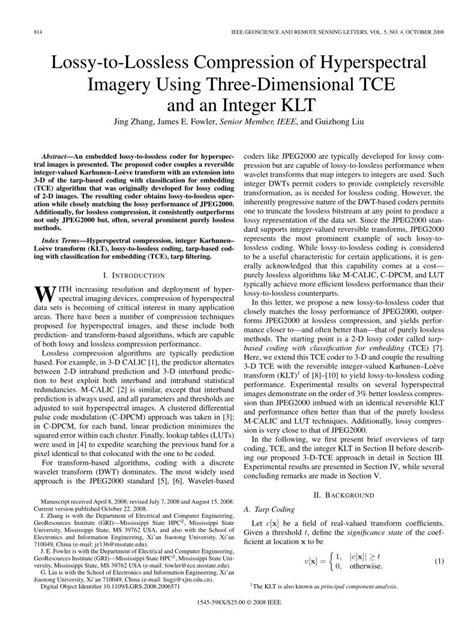 Pdf Lossy To Lossless Compression Of Hyperspectral Imagery Using