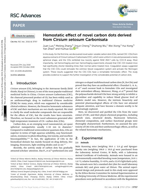Pdf Hemostatic Effect Of Novel Carbon Dots Derived From Cirsium Setosum Carbonisata