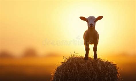 A Curious Lamb Stands Proudly on a Hay Bale As the Sun Sets Over the Golden Fields. Stock Image ...
