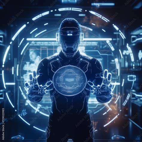 Robot humanoïde se tenant au centre d un écran holographique Technologie d image futuriste