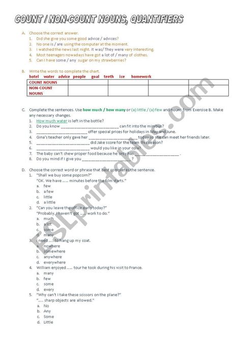 quantifiers count non count nouns esl worksheet by venetakli