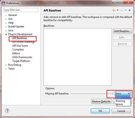Java And Eclipse Plugin Development Eclipse Error An Api Baseline Has
