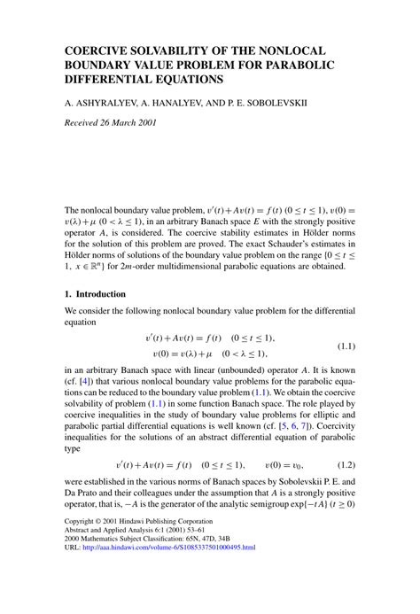 Pdf Coercive Solvability Of Nonlocal Boundary Value Problem For Parabolic Equations
