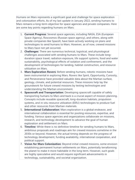 Humans On Mars Represents A Significant Goal And Challenge For Space Exploration And