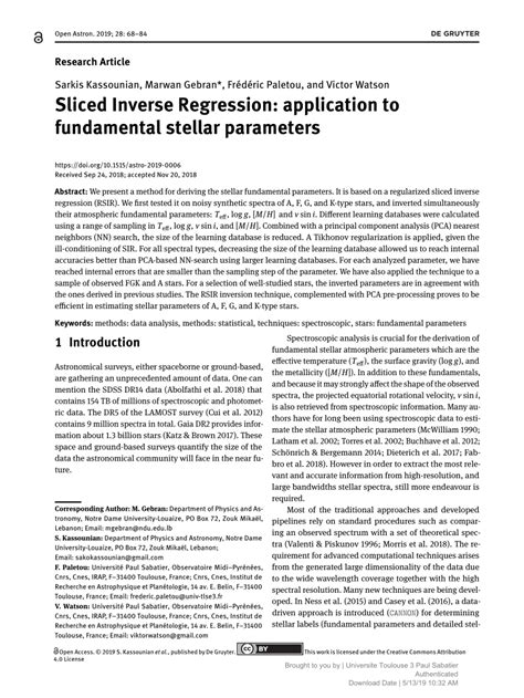 PDF Sliced Inverse Regression Application To Fundamental Stellar Parameters