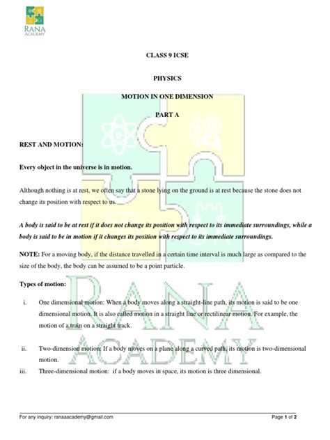 class 9 icse motion in one dimension part a rest and motion pdf