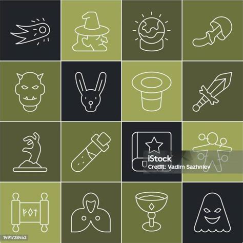 세트 라인 유령 부두 인형 중세 검 매직 볼 귀가 달린 토끼 악마 뿔의 가면 불 덩어리 및 모자 아이콘 벡터 건강관리와 의술에 대한 스톡 벡터 아트 및 기타 이미지 Istock
