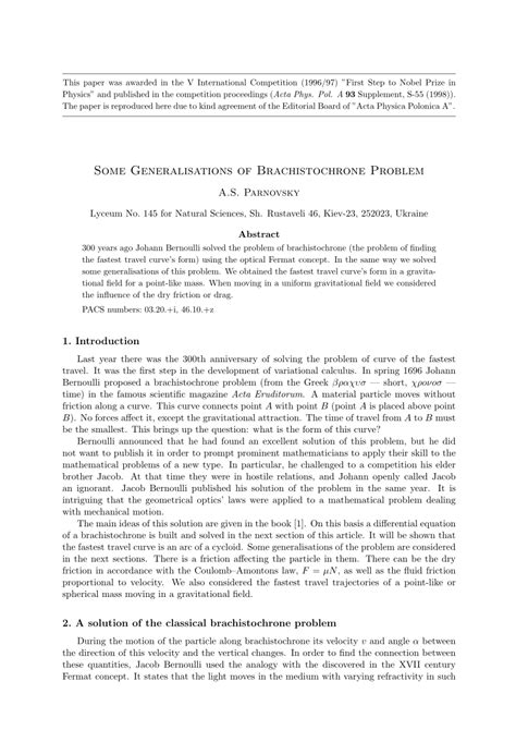 Pdf Some Generalisations Of Brachistochrone Problem