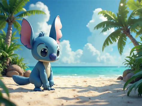 Ultra Realistic Cgi Representation Of Stitch On A Tropical Beach