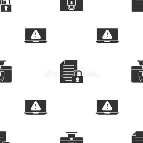 Set Lock On Monitor Document And Lock And Laptop With Exclamation Mark On Seamless Pattern
