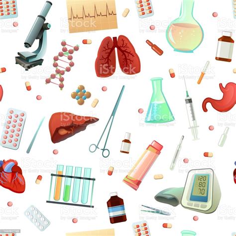 의약품 및 치료 항목 원활한 패턴 만화 스타일 연구 주제 치료를위한 장비 및 인간 내부 장기 흰색 배경에 격리 벡터 간호사에 대한 스톡 벡터 아트 및 기타 이미지 Istock