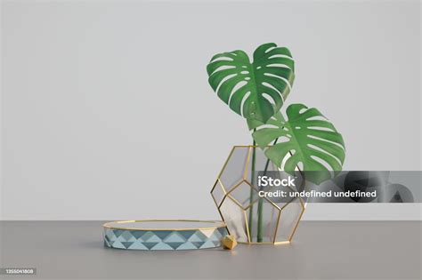 화장품 디스플레이 제품 스탠드 골드 글래스 다이아몬드 실린더 연단 흰색 배경에 녹색 잎이 있는 다이아몬드 유리 화병 3d 렌더링 그림 0명에 대한 스톡 사진 및 기타 이미지