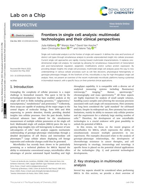 PDF Frontiers In Single Cell Analysis Multimodal Technologies And Their Clinical Perspectives