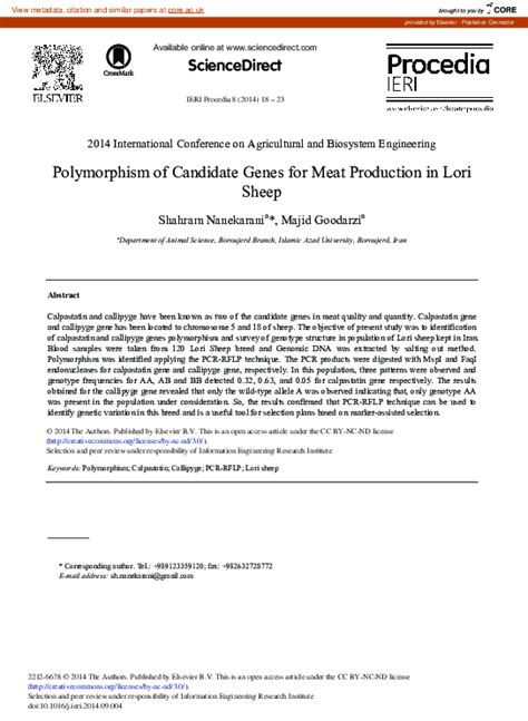 pdf polymorphism of candidate genes for meat production in lori sheep