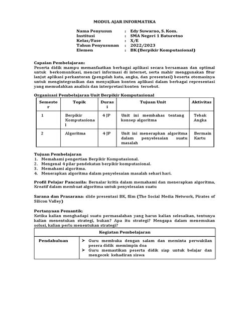 Modul Ajar Informatika Kelas X Th 22 23 Edy Suwarno Skom Pdf