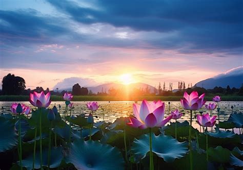 산 뒤에 해가 지는 연꽃밭 경남 구름 국내여행 배경 일러스트 및 사진 무료 다운로드 Pngtree