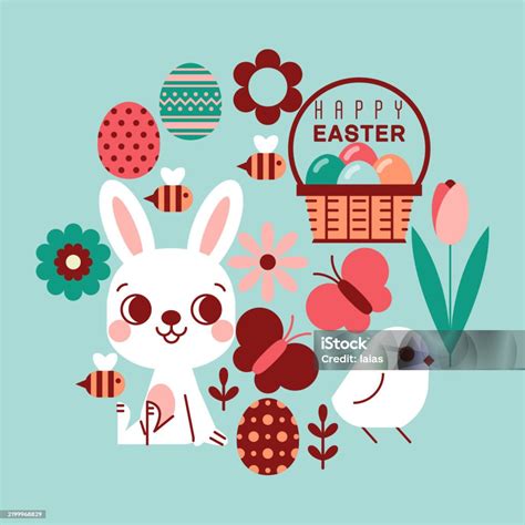 귀여운 토끼 병아리 부활절 달걀 꽃 파스텔 색상의 봄 요소가 있는 행복한 부활절 인사말 카드 축제 휴일 그림입니다 개념에 대한 스톡 벡터 아트 및 기타 이미지 Istock