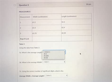solved question 5 10 pts procedure e measurement width
