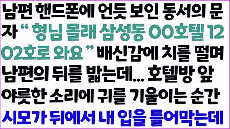 반전사이다사연 남편 핸드폰에 언듯 보인 동서의 문자 형님 몰래 삼성동 00호텔1202호로 와요 배신감에 치를 떨며 남편의 뒤를 밟는데 라디오드라마사연라디오