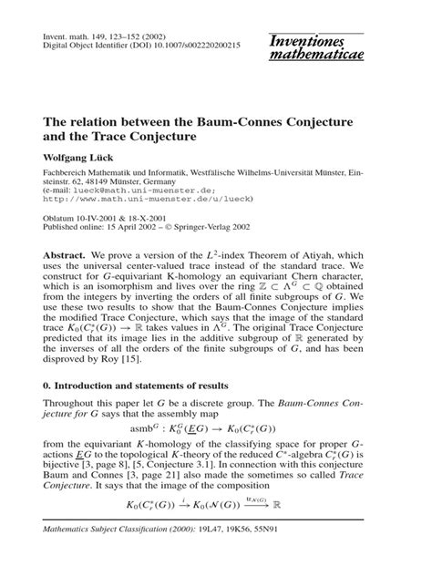 The Relation Between The Baum Connes Conjecture And The Trace Conjecture Pdf Hilbert Space
