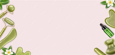 Gua Sha는 옅은 분홍색 배경 벡터 삽화에 천연 석재 롤러 스크레이퍼와 세럼 병을 사용하여 사실적인 구성을 마사지합니다 무료 벡터