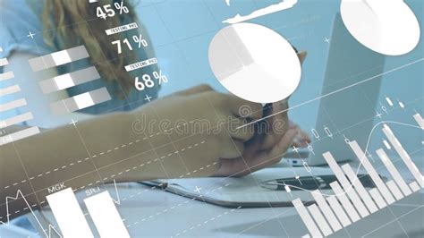 animation of infographic interface over cropped hands of caucasian