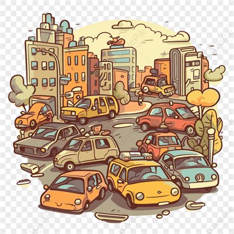도시 지역에 있는 많은 자동차의 만화 그림 벡터교통상표 Png 일러스트 무료 다운로드 Lovepik