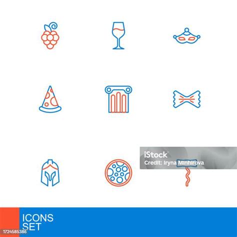 세트 라인 와인 코르크 마개 피자 로마 군대 헬멧 마카로니 피자 조각 고대 기둥 카니발 마스크 및 유리 아이콘 벡터 건축에 대한