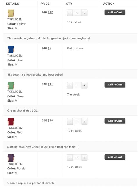 woocommerce variations table
