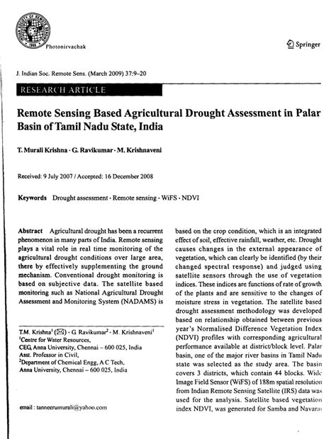 Pdf Remote Sensing Based Agricultural Drought Assessment In Palar Basin Of Tamil Nadu State India