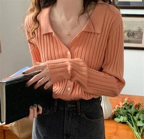 [가을신상 주문폭주 데일리룩 데이트룩] 버튼 포인트 카라 골지 니트 가디건 오렌지 화이트 블랙 그레이 브라운 에이블리