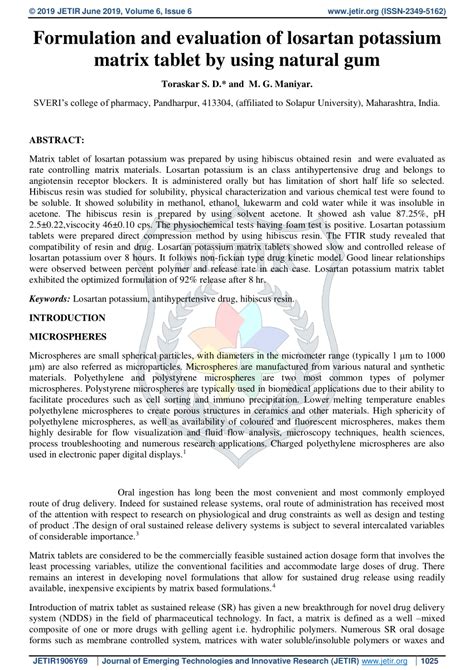 Pdf Formulation And Evaluation Of Losartan Potassium Matrix Tablet By Using Natural Gum