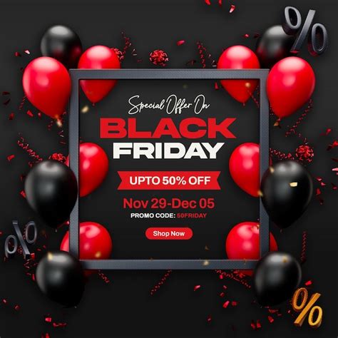 블랙 프라이데이 세일 소셜 미디어 배너 디자인 템플릿과 현실적인 풍선 무료 Psd 파일