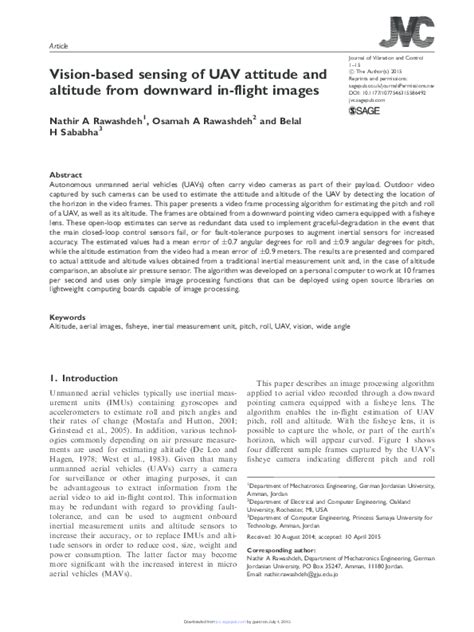 Pdf Vision Based Sensing Of Uav Attitude And Altitude From Downward