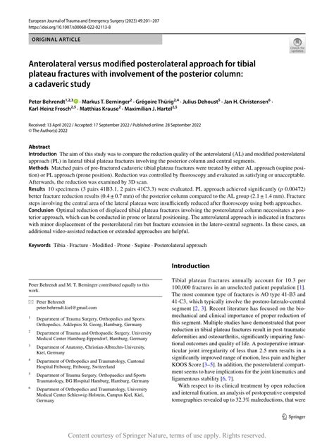 Pdf Anterolateral Versus Modified Posterolateral Approach For Tibial Plateau Fractures With