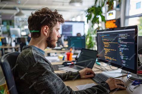 A Man Sitting In Front Of A Computer Monitor Premium Ai Generated Image