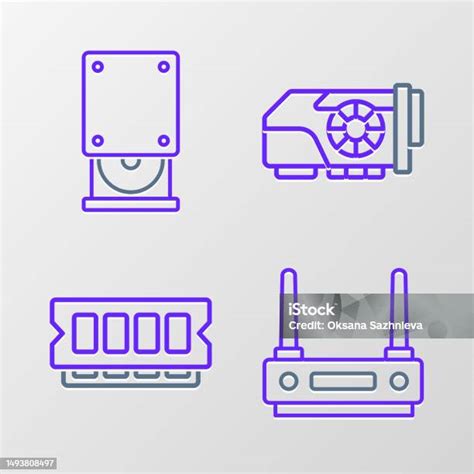 회선 라우터 및 Wifi 신호 Ram 랜덤 액세스 메모리 비디오 그래픽 카드 및 광 디스크 드라이브 아이콘을 설정합니다 벡터 인터넷에 대한 스톡 벡터 아트 및 기타 이미지