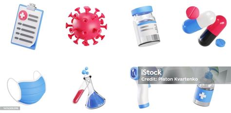 3d 의료 아이콘 세트 바이러스 상태 보고서 백신 알약 얼굴 마스크 온도계 손 소독제 약국 의료 응급 처치 Ux Ui 웹 디자인 요소 3d 렌더링 그림 Dna에 대한 스톡