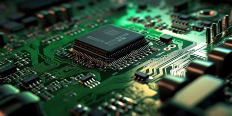 Macro Shot Of A Microprocessor On A Green Circuit Board Stock