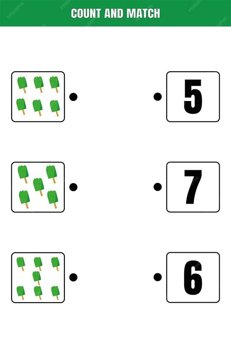 숫자를 세고 짝을 맞추는 어린이를 위한 교육용 수학 게임 미취학 아동을 위한 인쇄 가능한 워크시트 디자인 프리미엄 벡터