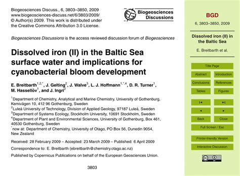 Pdf Dissolved Iron Ii In The Baltic Sea Surface Water And Implications For Cyanobacterial