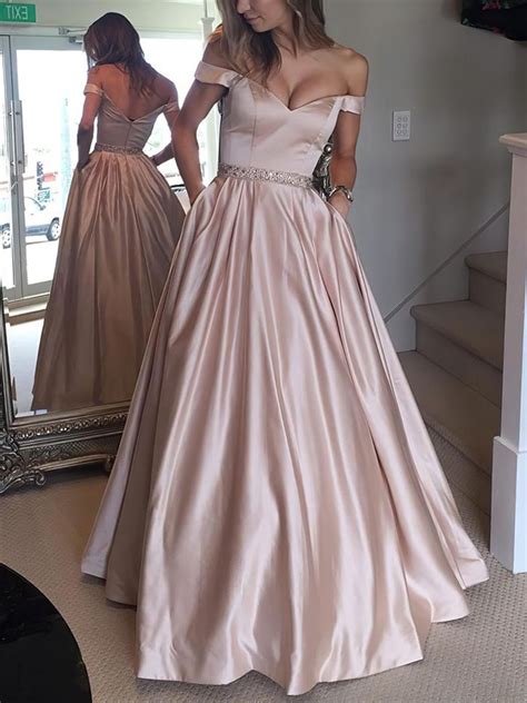 Ball Gown Off The Shoulder Satin Floor Length Beading Prom Dresses Fansfavs Co Uk