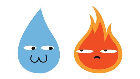 Cute Characters Drop Of Water And Fire With Face And Emotions Trendy