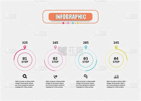 信息图矢量设计模板插图4步骤。演示具有4个选项的业务信息图表模板。概念创意呈现为信息图表显示百分比的素材 花瓣网