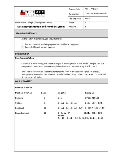 cc1 module 3 data representation and number system pdf decimal